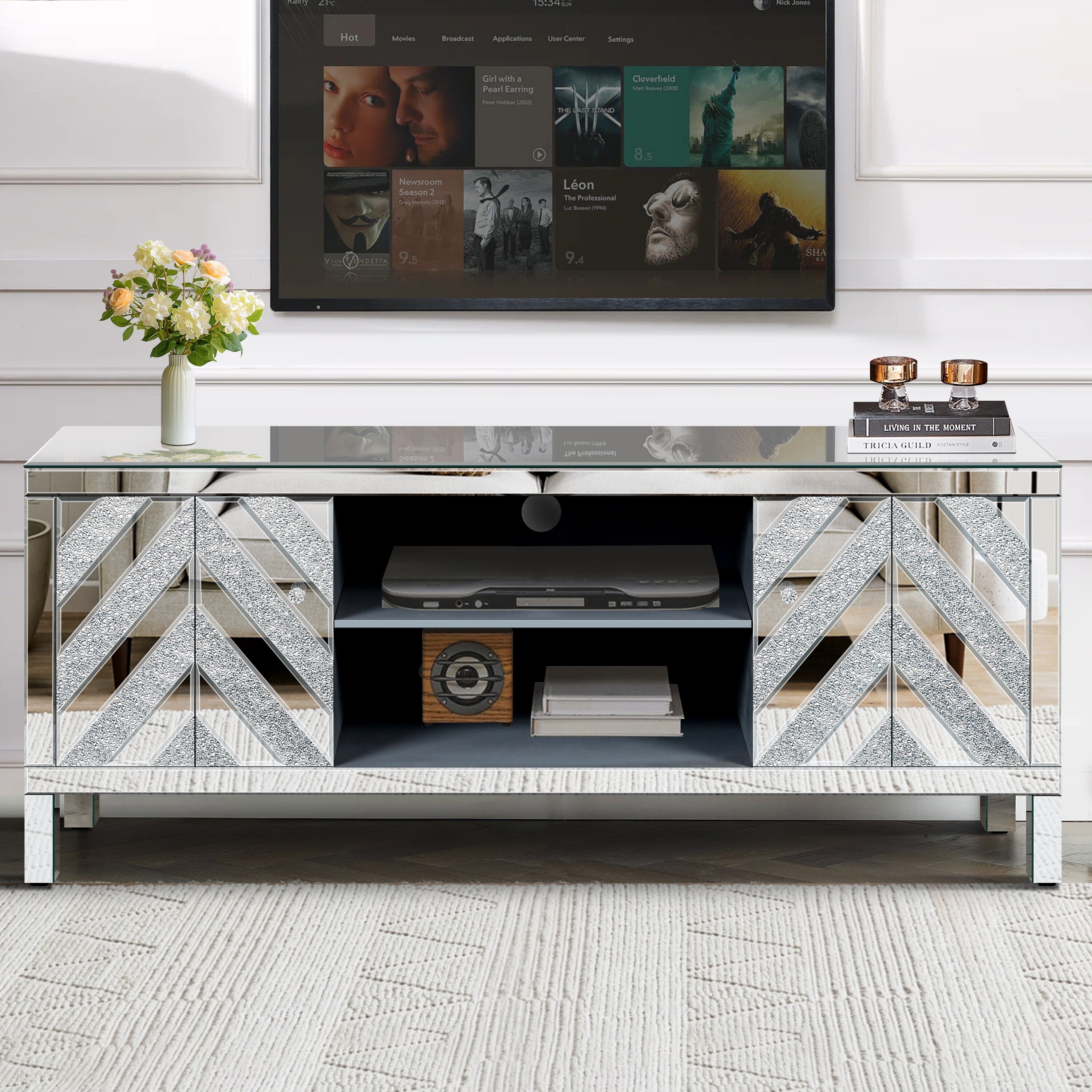 Mirrored TV Stand for 65 inch TV Sliver TV Console Table with Open Storage 2 Storage Cabinets for Living Room Bed Bath Beyond 41470831